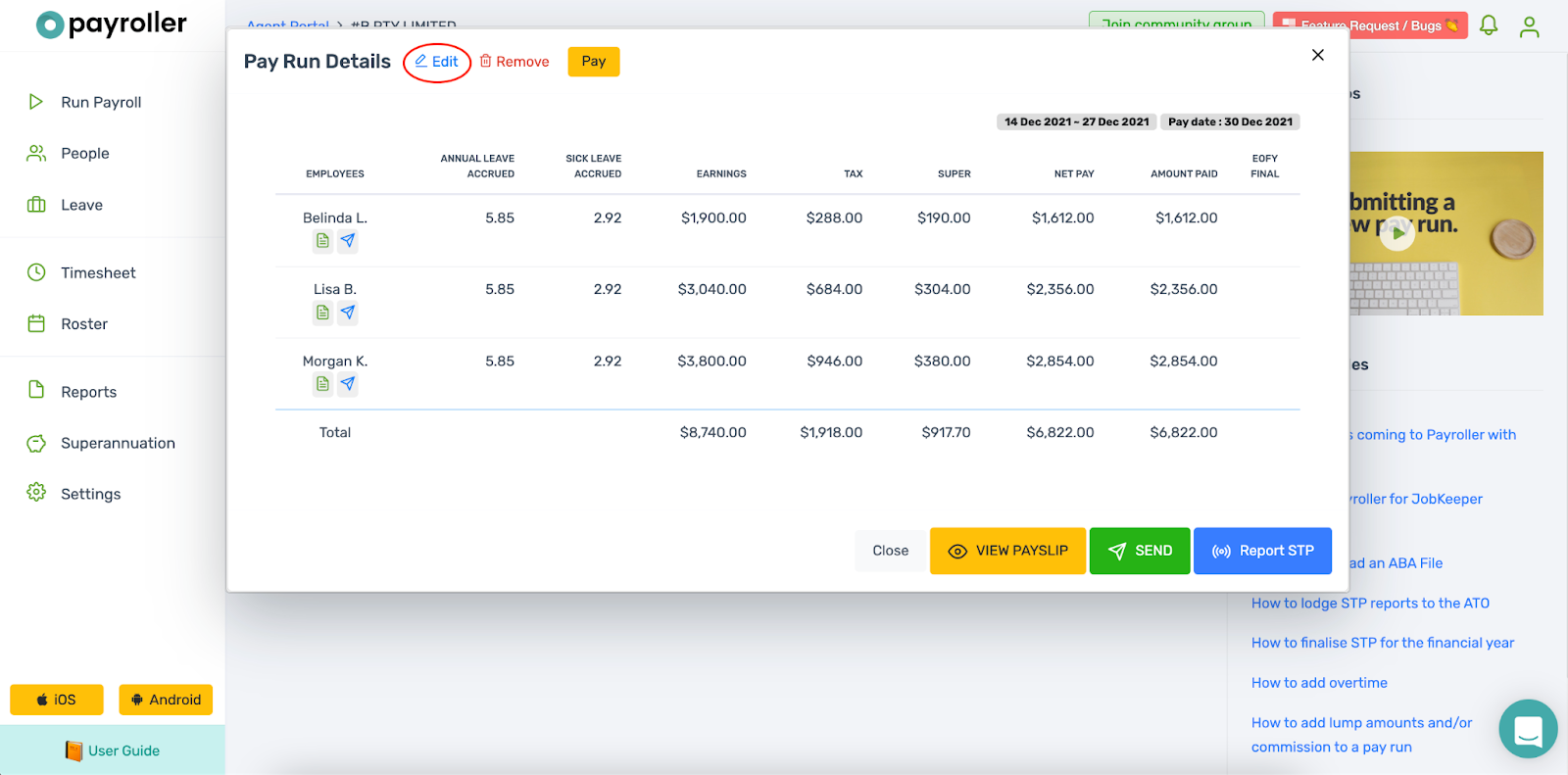 How To Edit A Pay Run In Payroller | Payroller Australia