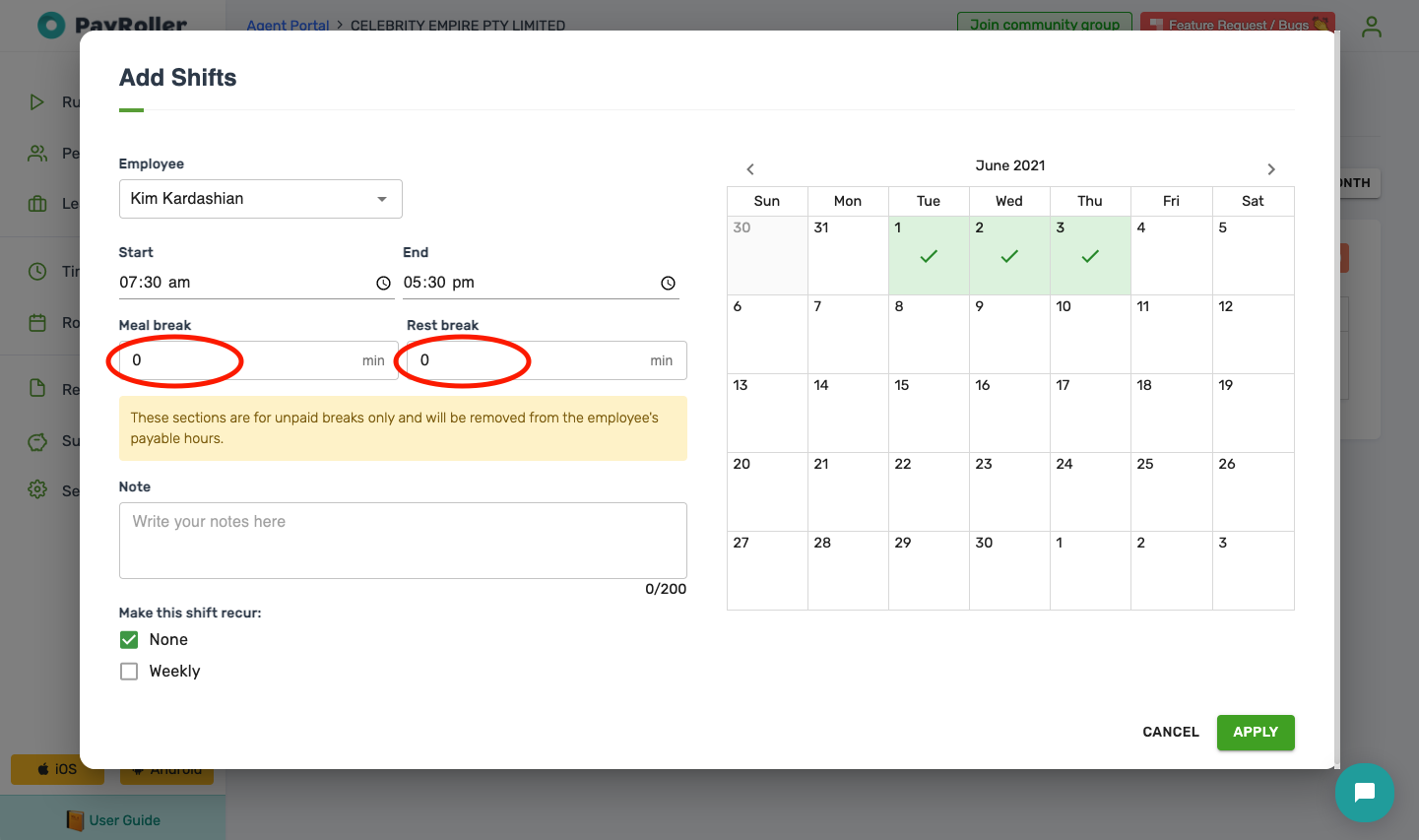 How To Add A Shift Set Rosters Payroller Australia